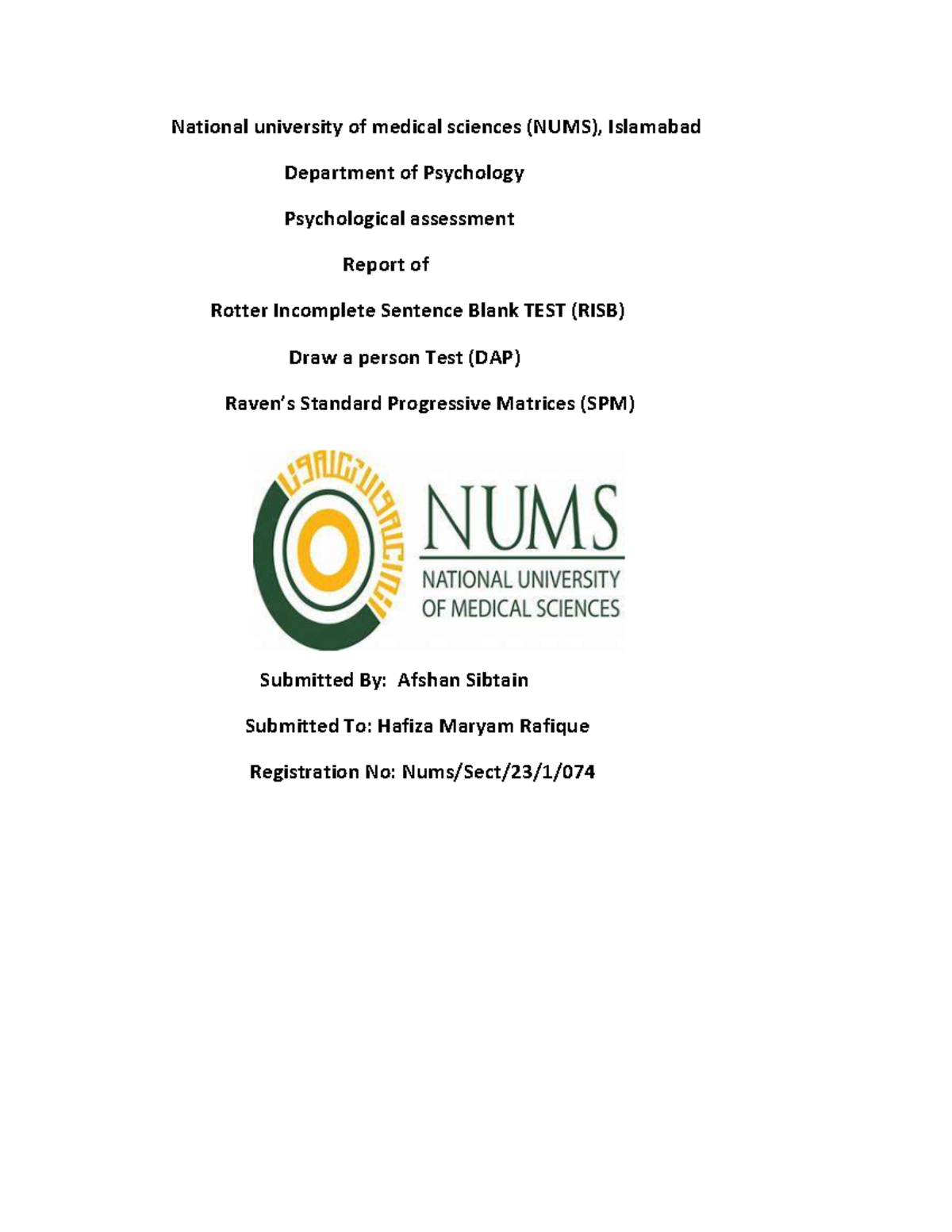 Psychological Assessment Report: RISB, DAP & SPM - NUMS - Studocu