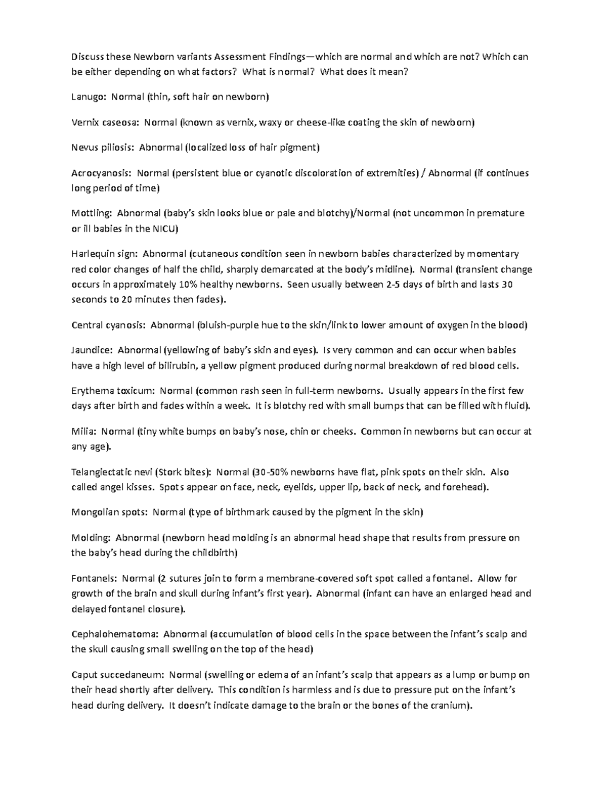 Assessment Findings Newborn - Discuss these Newborn variants Assessment ...