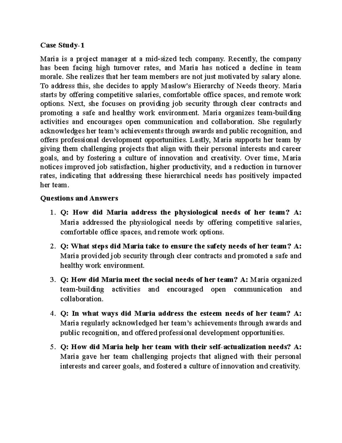 Case Study: Applying Maslow's Hierarchy of Needs in Team Management ...