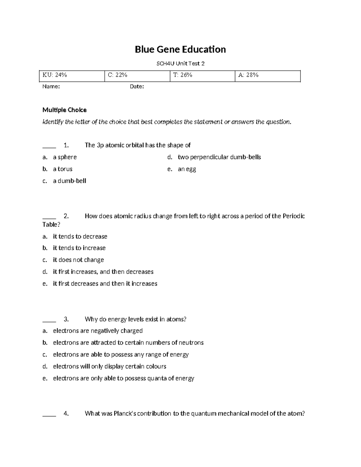 SCH4U Unit Test 2: Chemistry Multiple Choice Questions - Studocu
