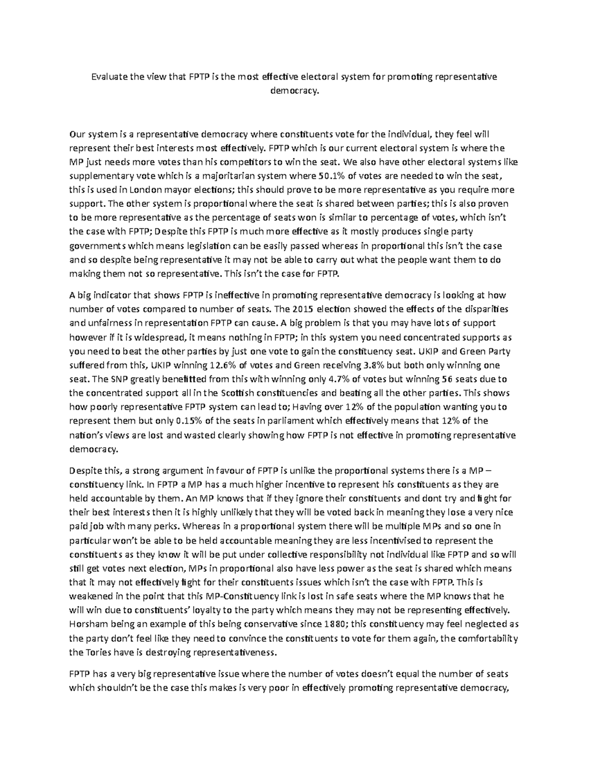 FPTP effectiveness democracy a level stuff - Evaluate the view that ...