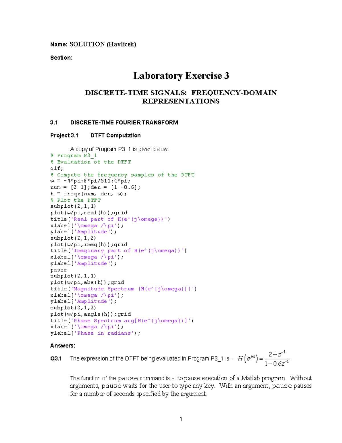 **Labex 3: Discrete-Time Signals & DTFT Computation Solutions** - Studocu
