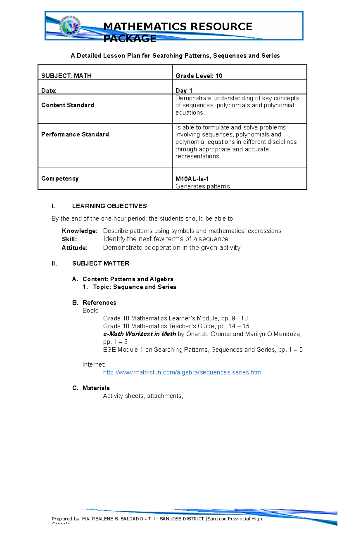 A Detailed Lesson Plan for Searching Patterns - MATHEMATICS RESOURCE ...