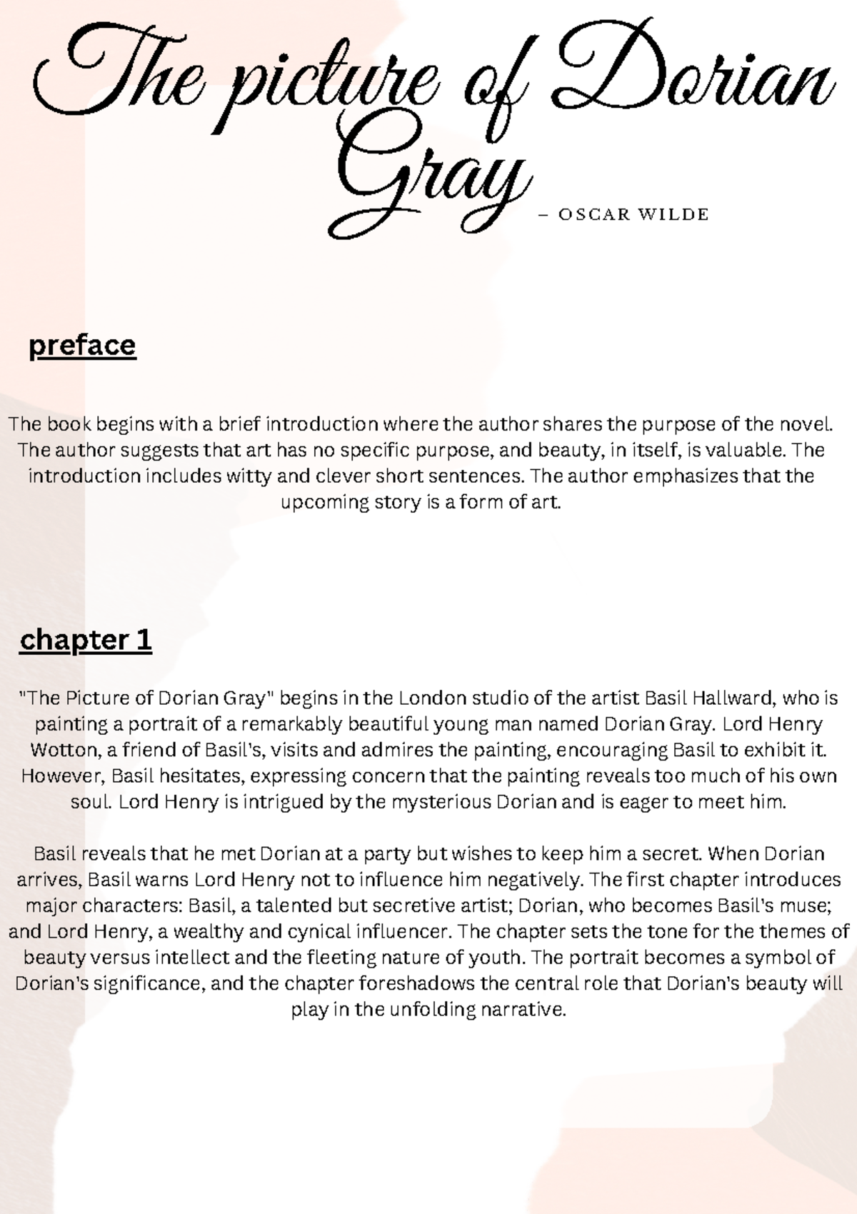 The Picture of Dorian Gray Chapter Summaries and Analysis - Studocu