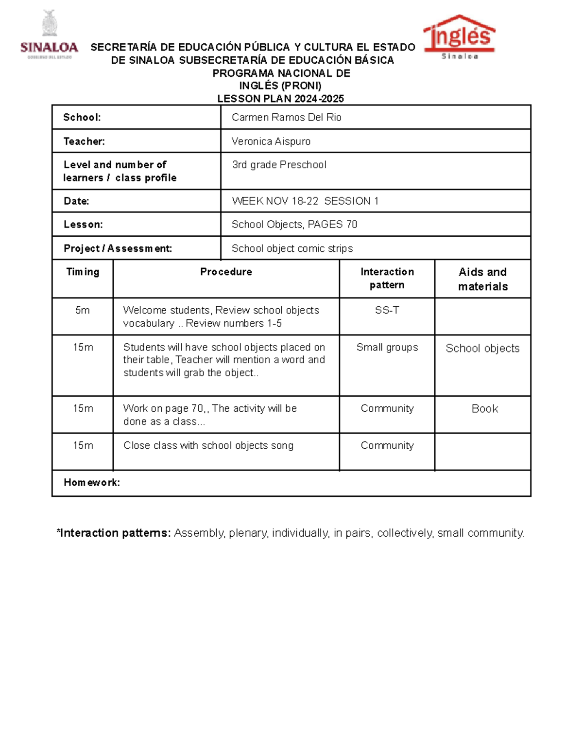 PRONI PREK Lesson Plan for Nov 18-22: School Objects Activities - Studocu
