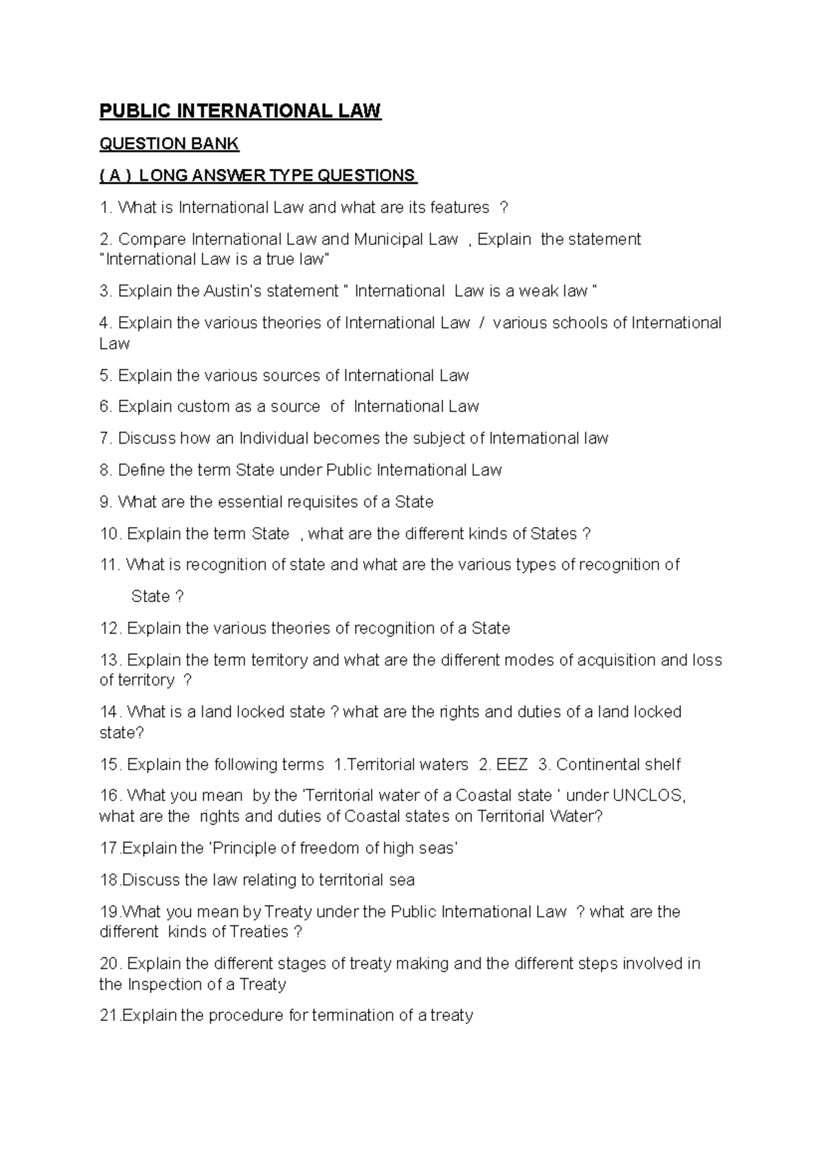 Public International LAW Question Bank: Long & Short Answer Prep - Studocu