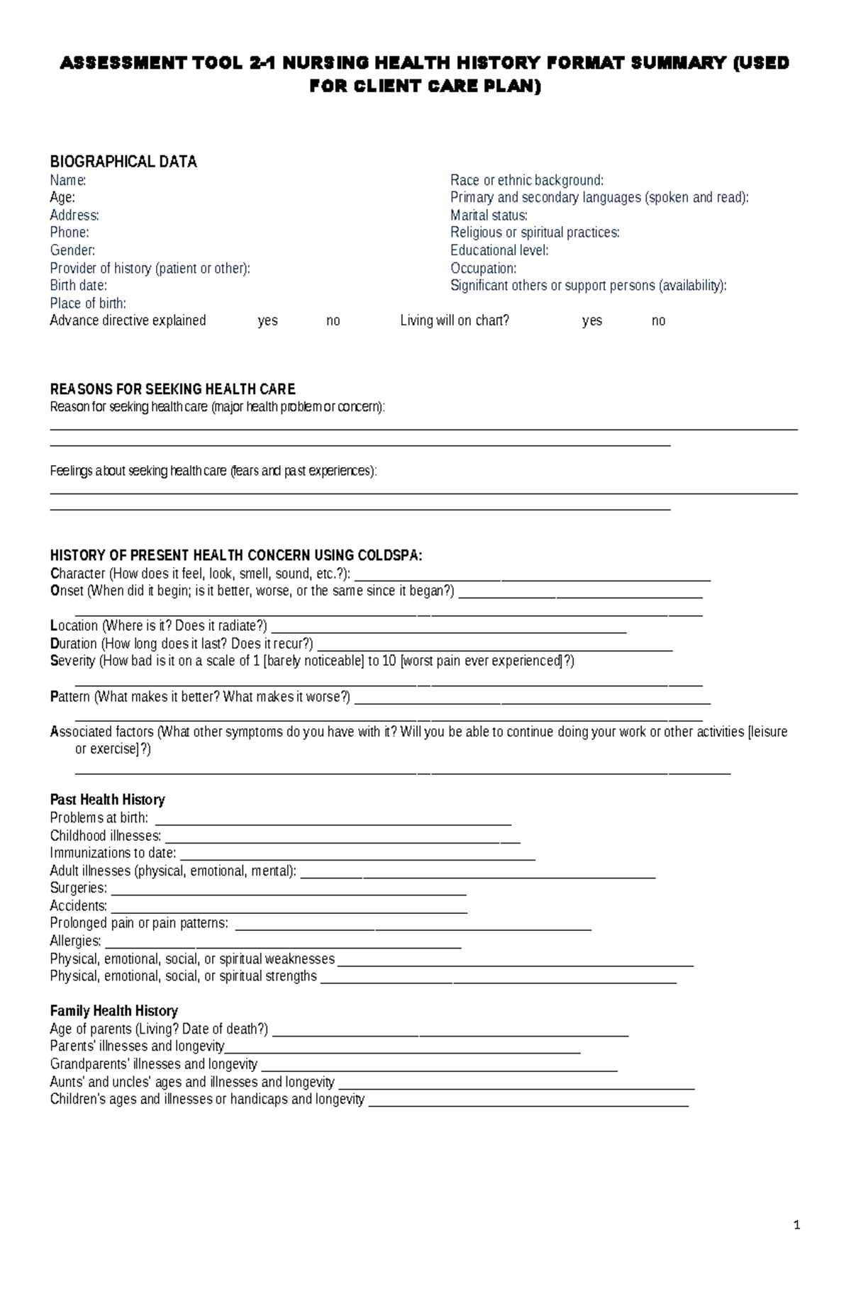 NURS 101: Nursing Health History Assessment Tool Summary - Studocu