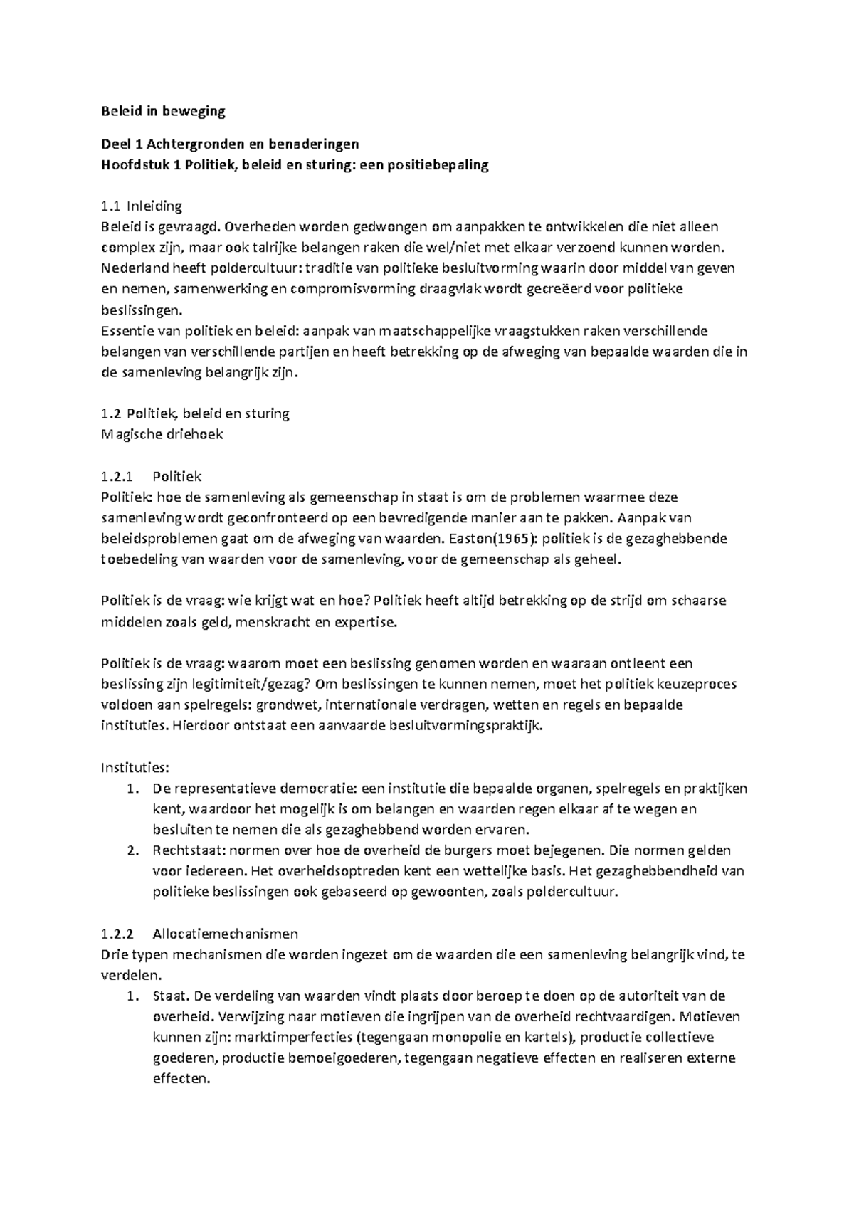 Samenvatting Beleid in Beweging - Hoofdstukken 1 t/m 3 - Studeersnel