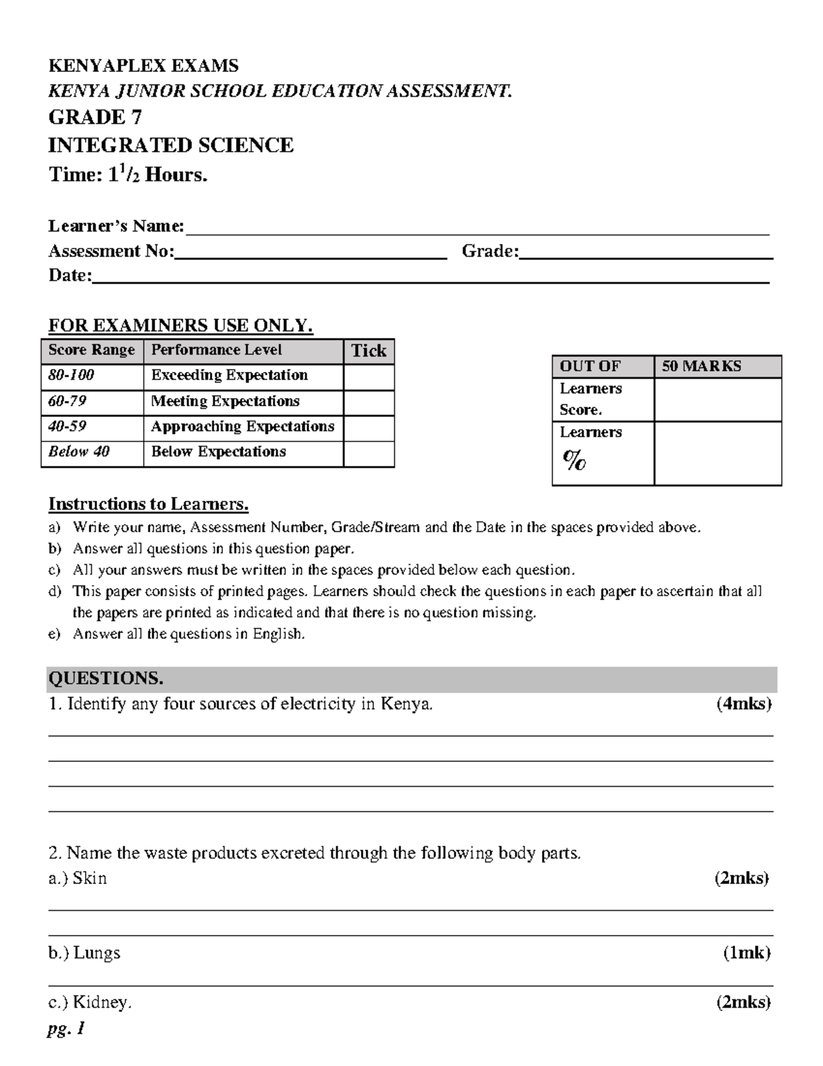 Grade 7 Integrated Science Quiz - G7 INTE QS - Studocu