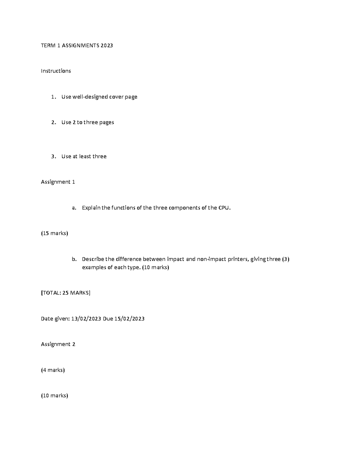 COMP 101 TERM 1 ASSIGNMENTS 2023: CPU Functions & Printers - Studocu