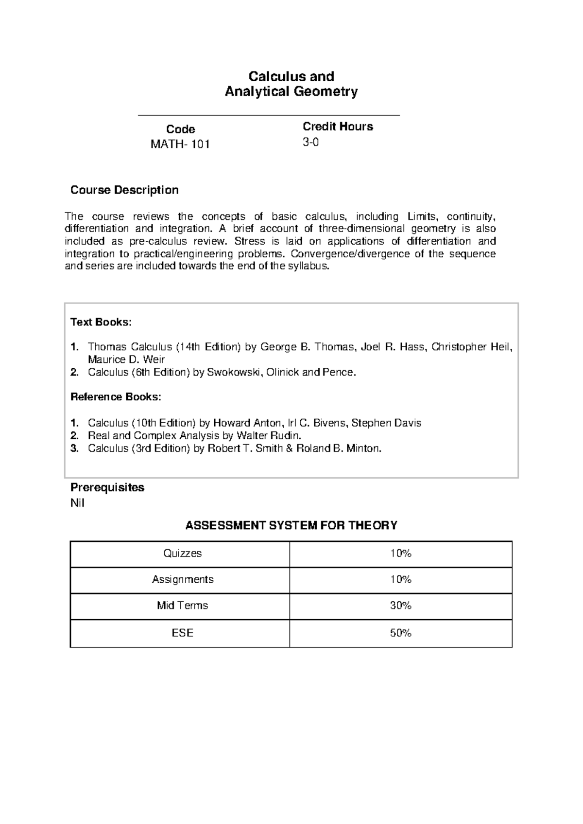 Calculus and Analytical Geometry 101: Course Overview and Assessment ...