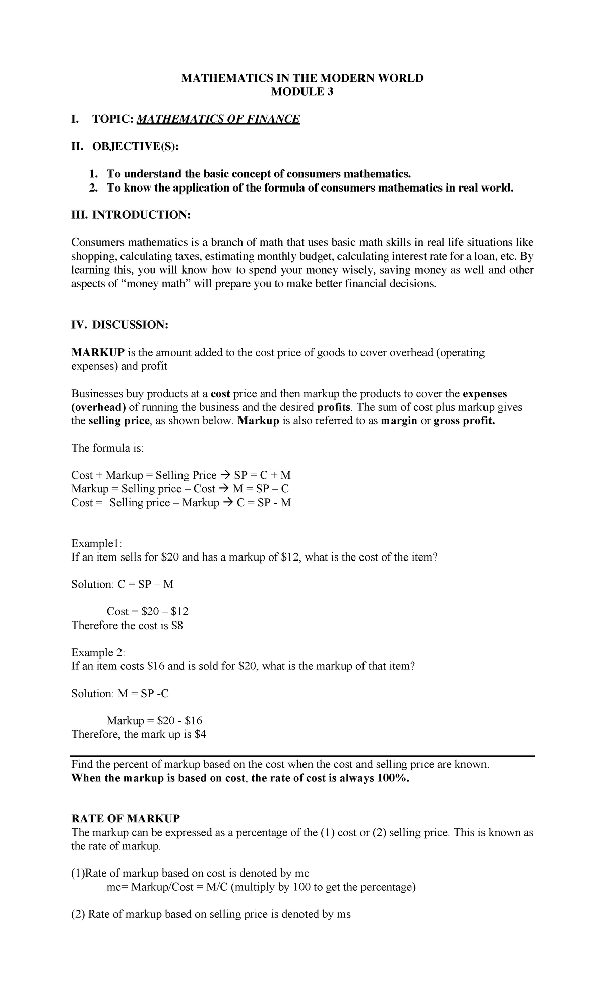 MMW Module 3 - Mathematics of Finance - MATHEMATICS IN THE MODERN WORLD ...