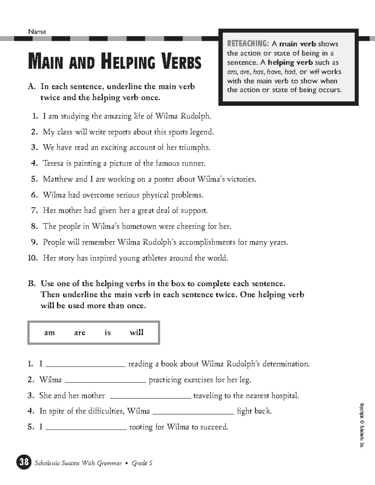 Helping Verbs and Main Verbs: RETEACHING Worksheet for Grade 5 - Studocu