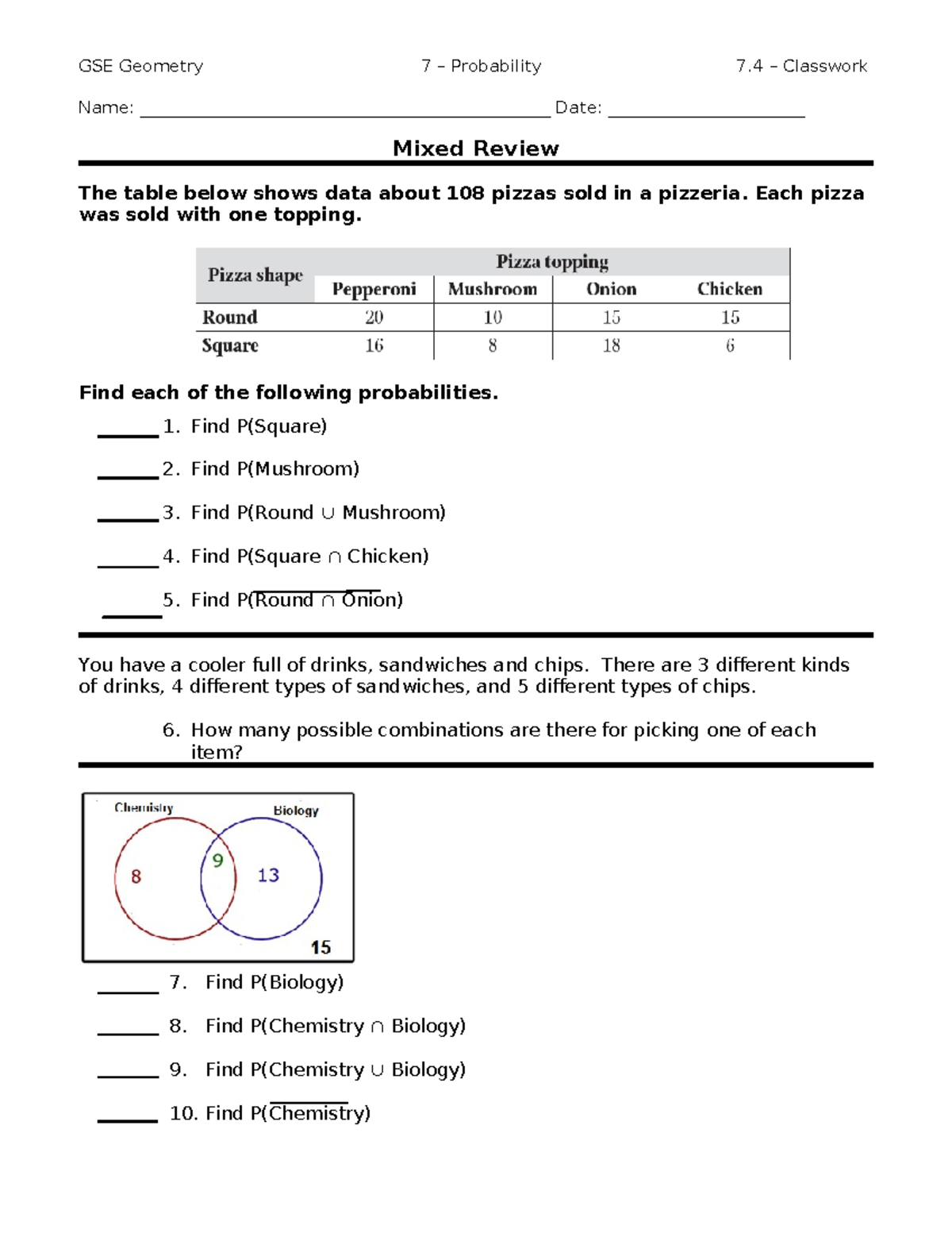 GSE Geometry 7 Classwork: Probability Mixed Review - Studocu