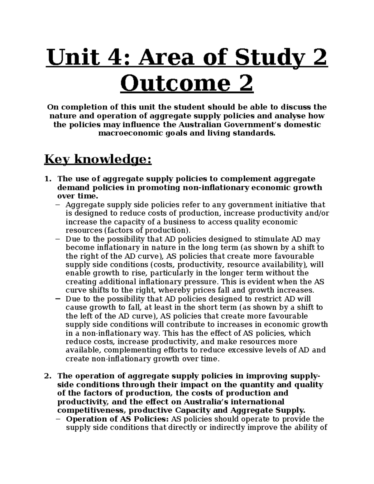 Unit 4 AOS 2 AS 2023: Aggregate Supply Policies & Economic Impact - Studocu