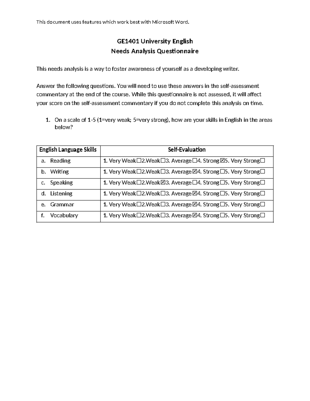 GE1401 University English Needs Analysis Questionnaire - Studocu