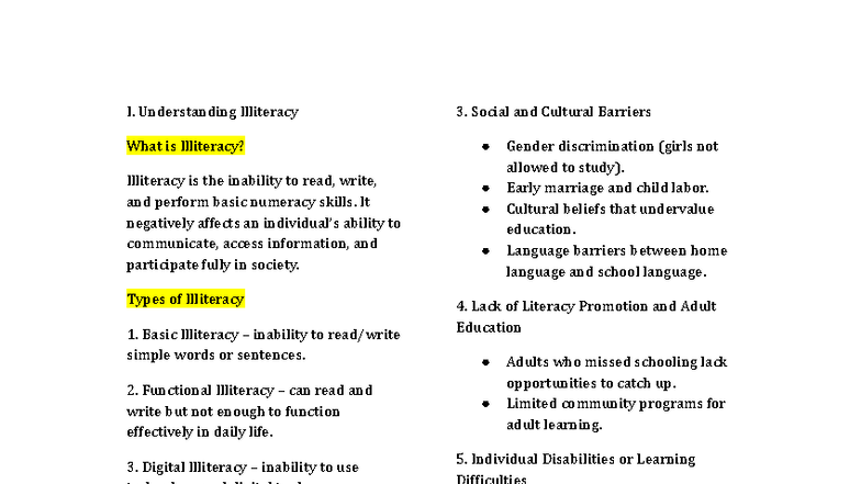 Understanding Illiteracy: Causes, Types, and Consequences - Review ...