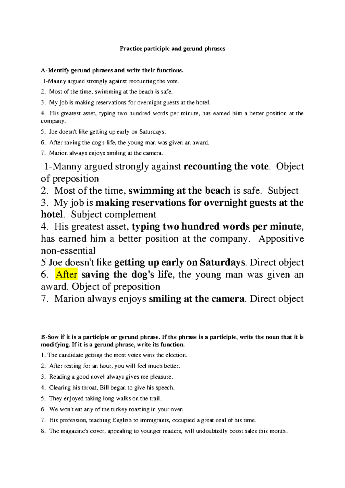 Key participle and gerund phrase - Practice participle and gerund ...