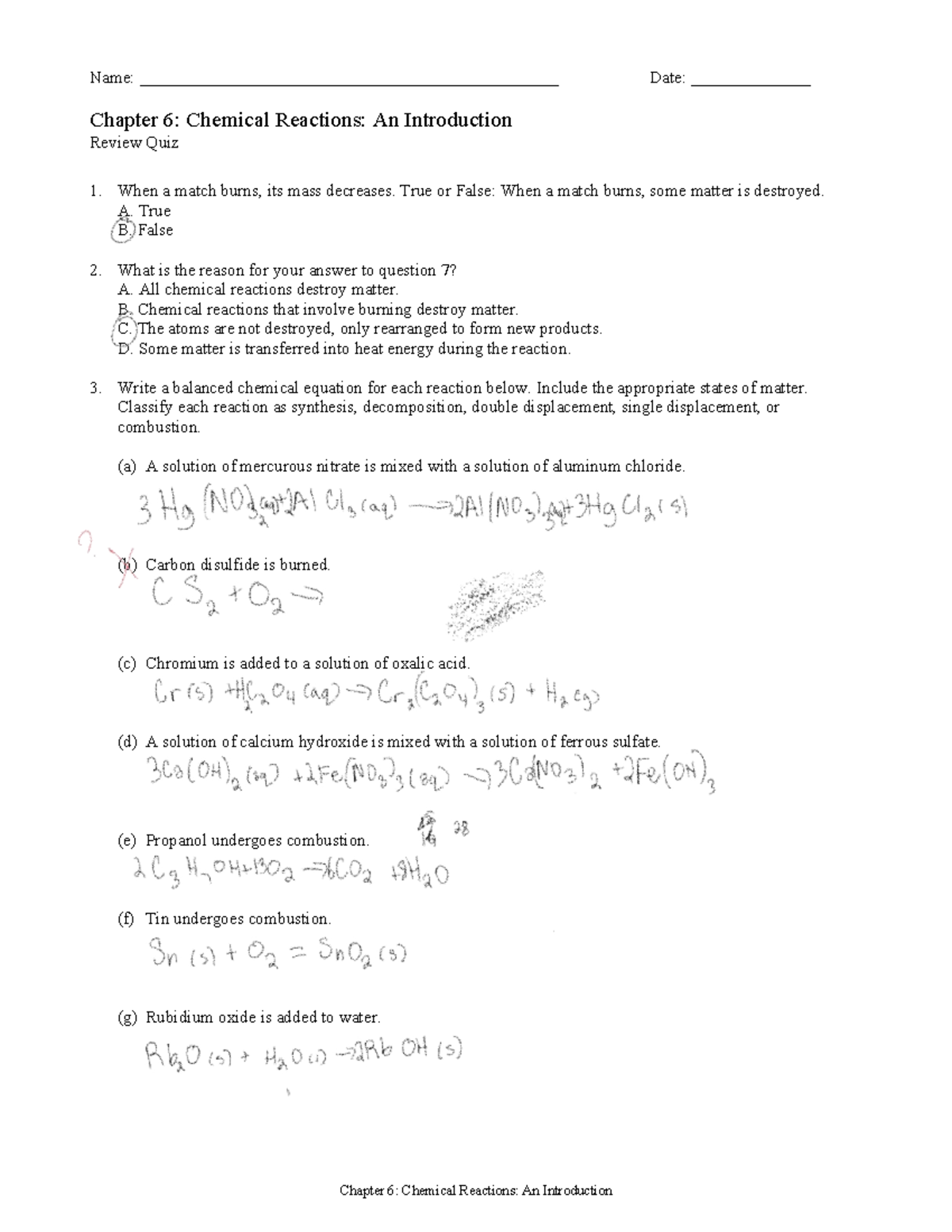 Chapter 6 Review Quiz: Chemical Reactions Overview - Studocu