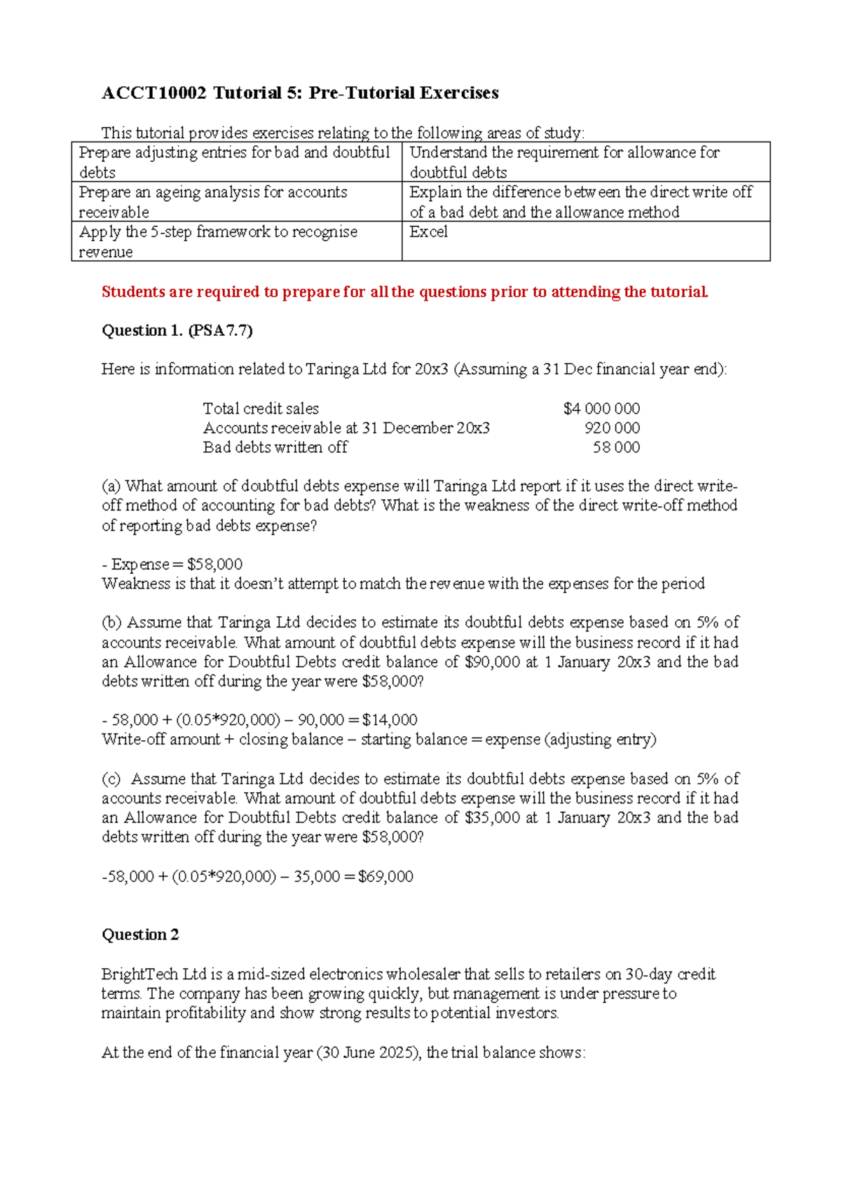 ACCT10002 Tutorial 5: Pre-Tutorial Exercises on Doubtful Debts - Studocu