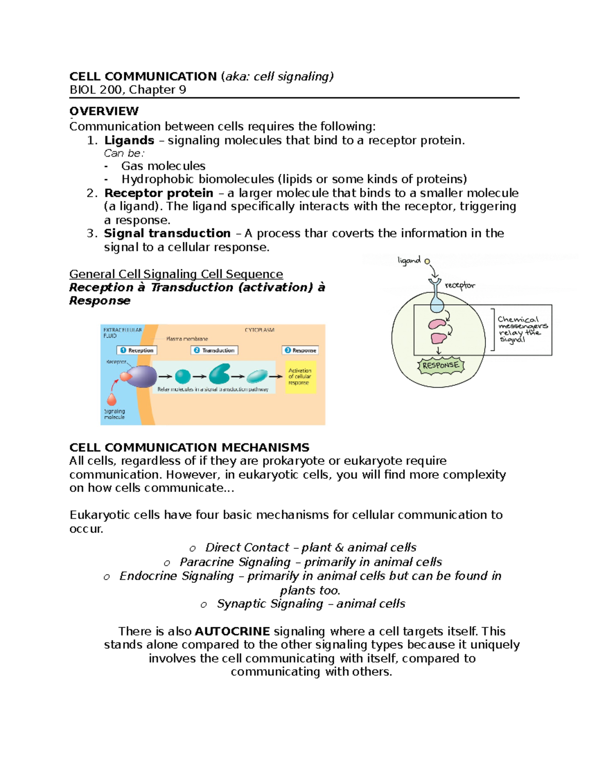 BIOL 200: Chapter 9 - Cell Communication Notes & Overview - Studocu