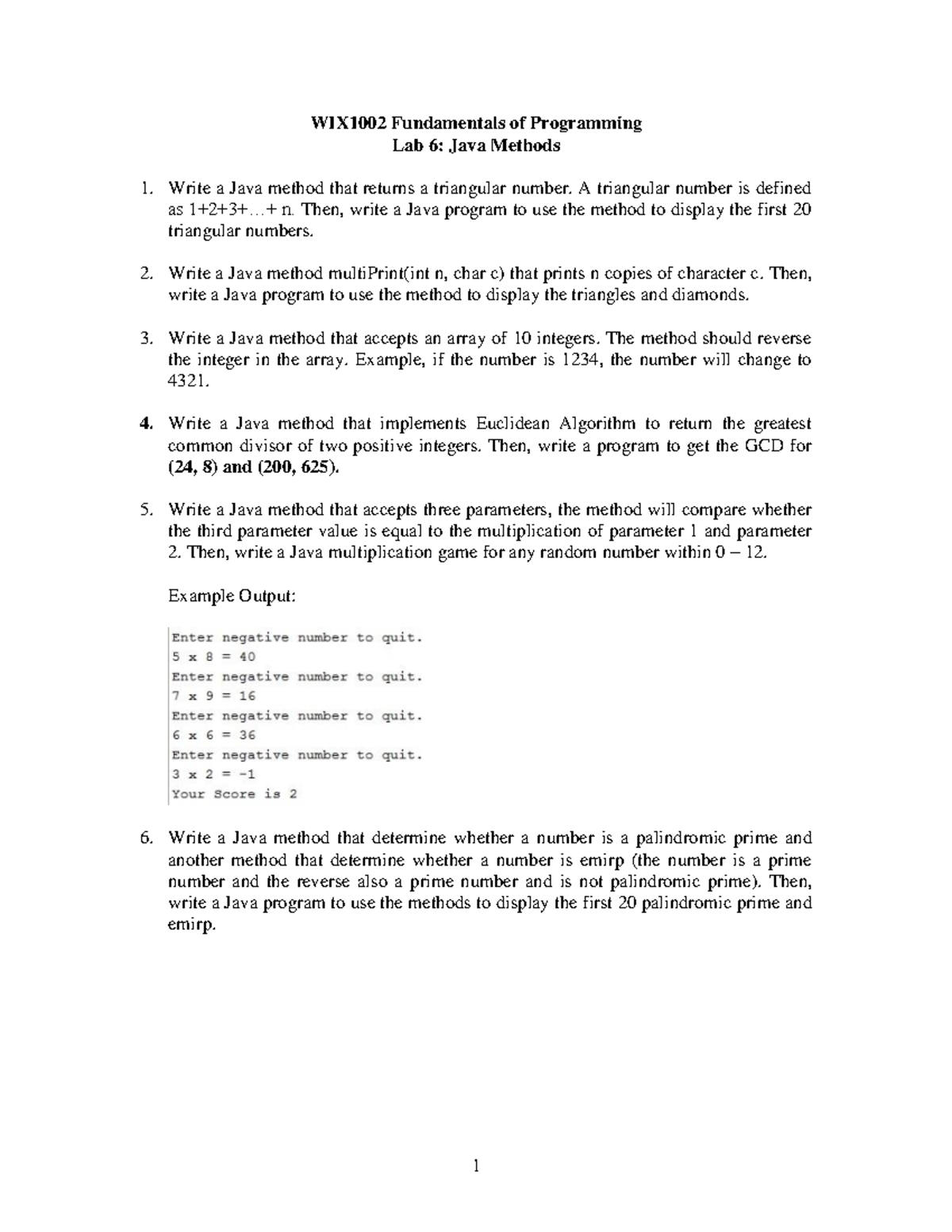 WIX1002 Lab 6: Java Methods and Programming Tasks - Studocu