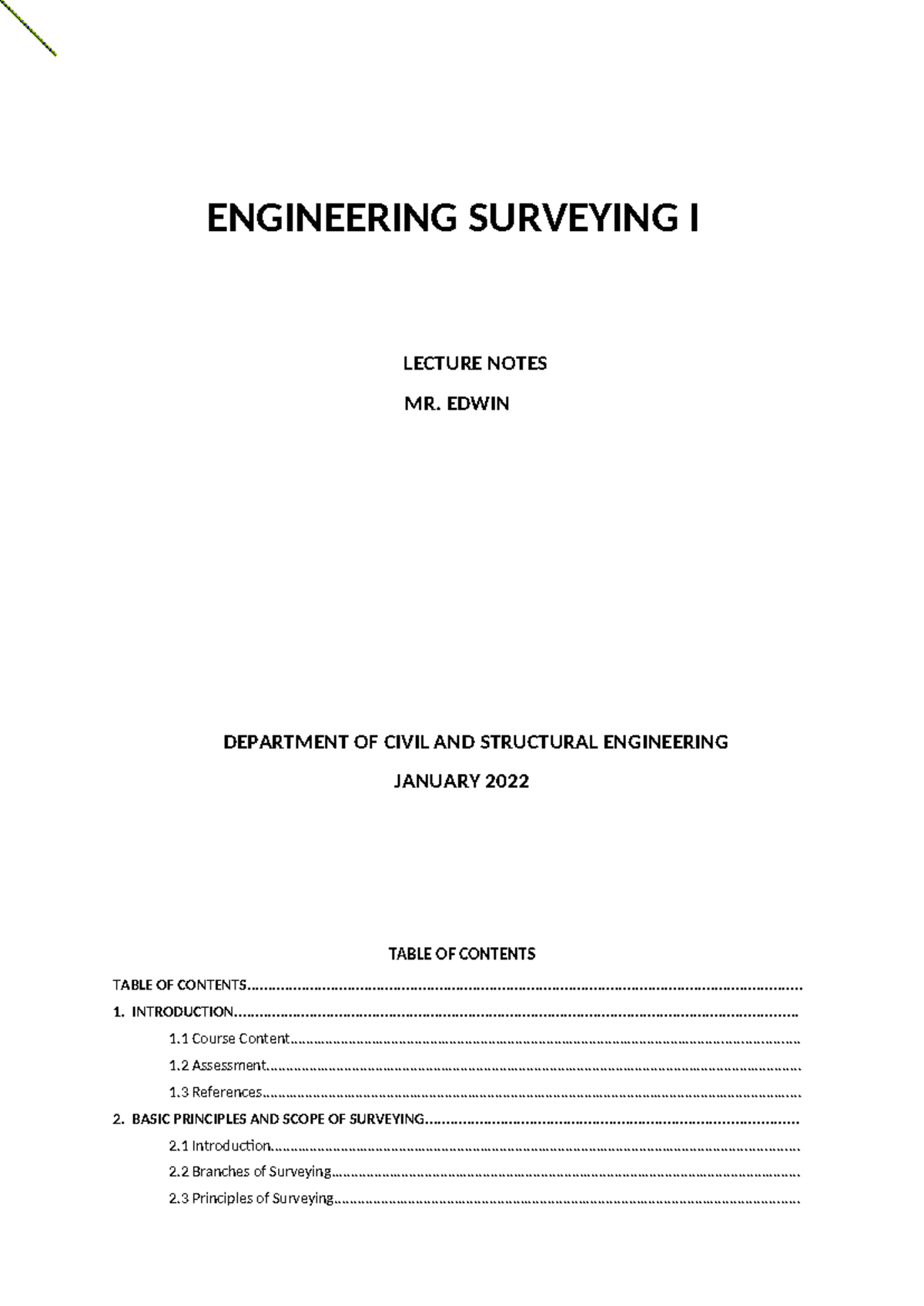 Engineering Surveying I: Lecture Notes and Key Concepts 226 - Studocu