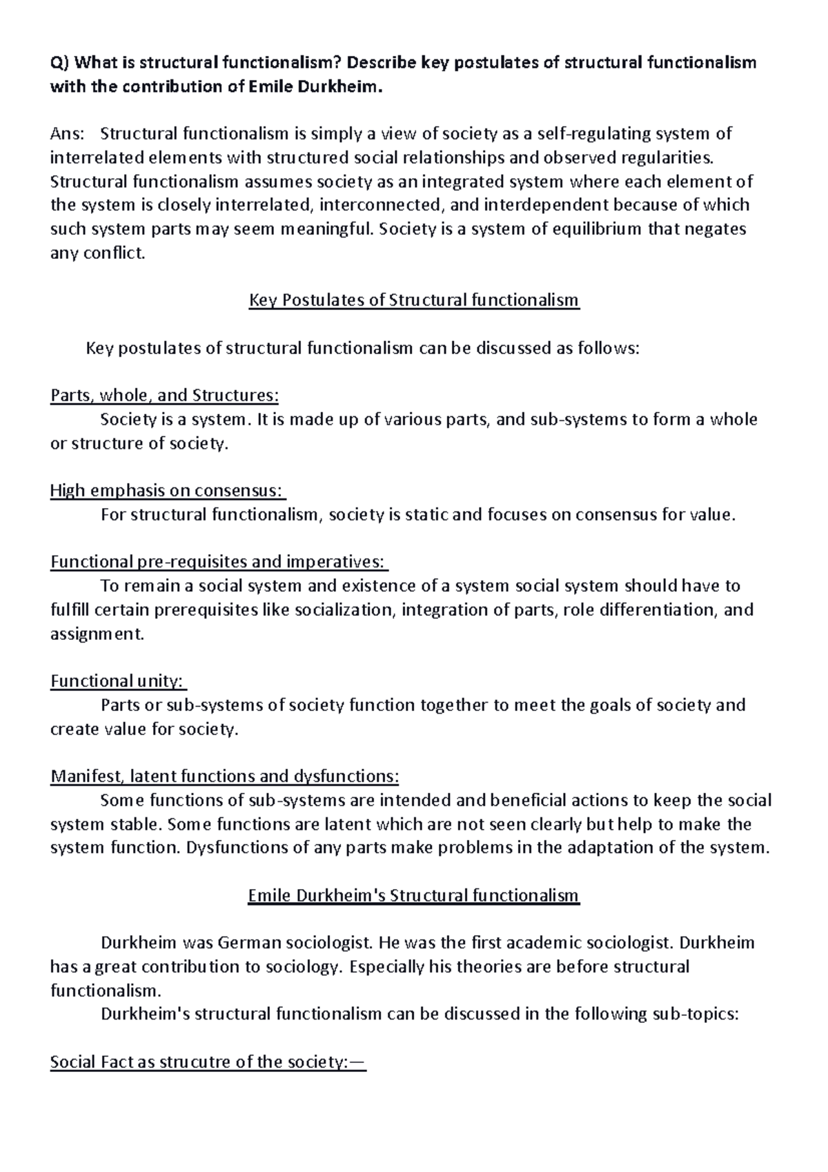 Structural functionalism of Drukheim Q N A - Q) What is structural ...
