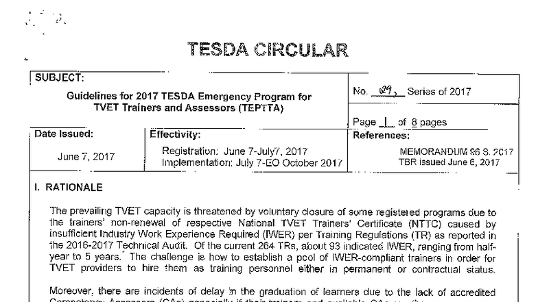 Guidelines for 2017 TESDA Emergency Program for TVET Trainers (TESDA ...