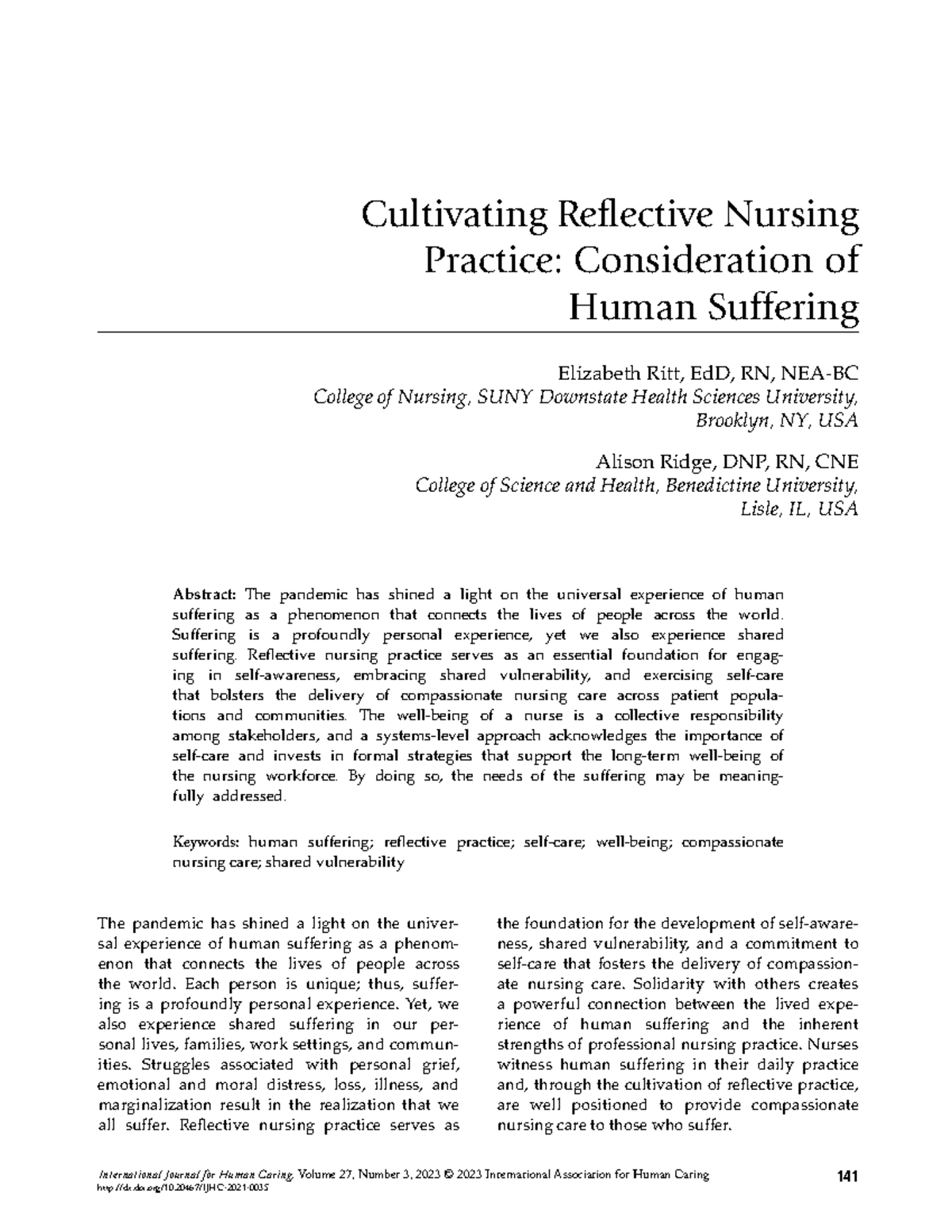 NUR 501: Reflective Nursing Practice and Human Suffering Insights - Studocu