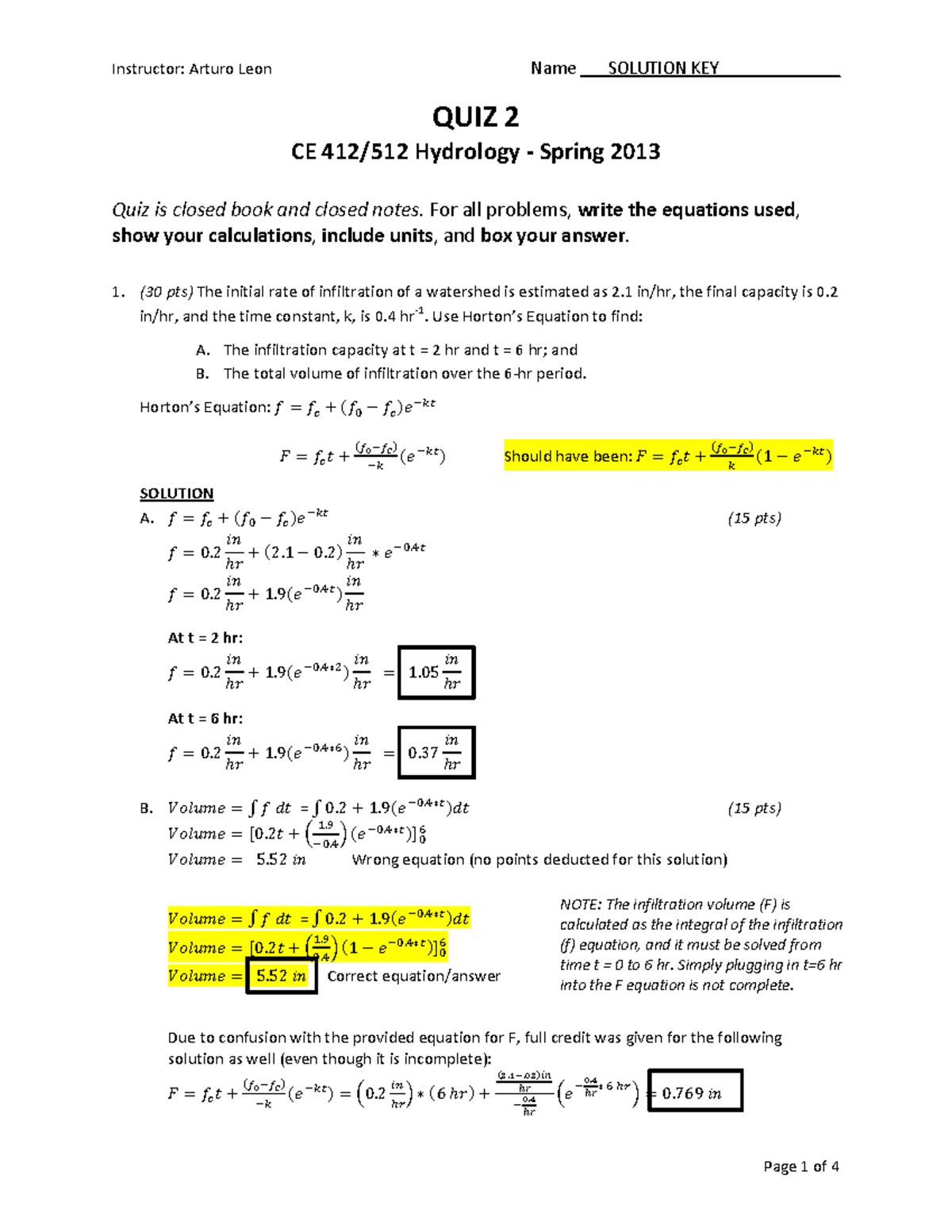 Quiz 2 Solutions for CE Hydrology (Spring 2013) - Studocu