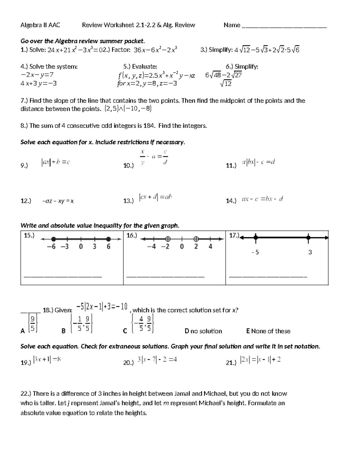 Algebra II AAC Final Exam Review Worksheet - Studocu