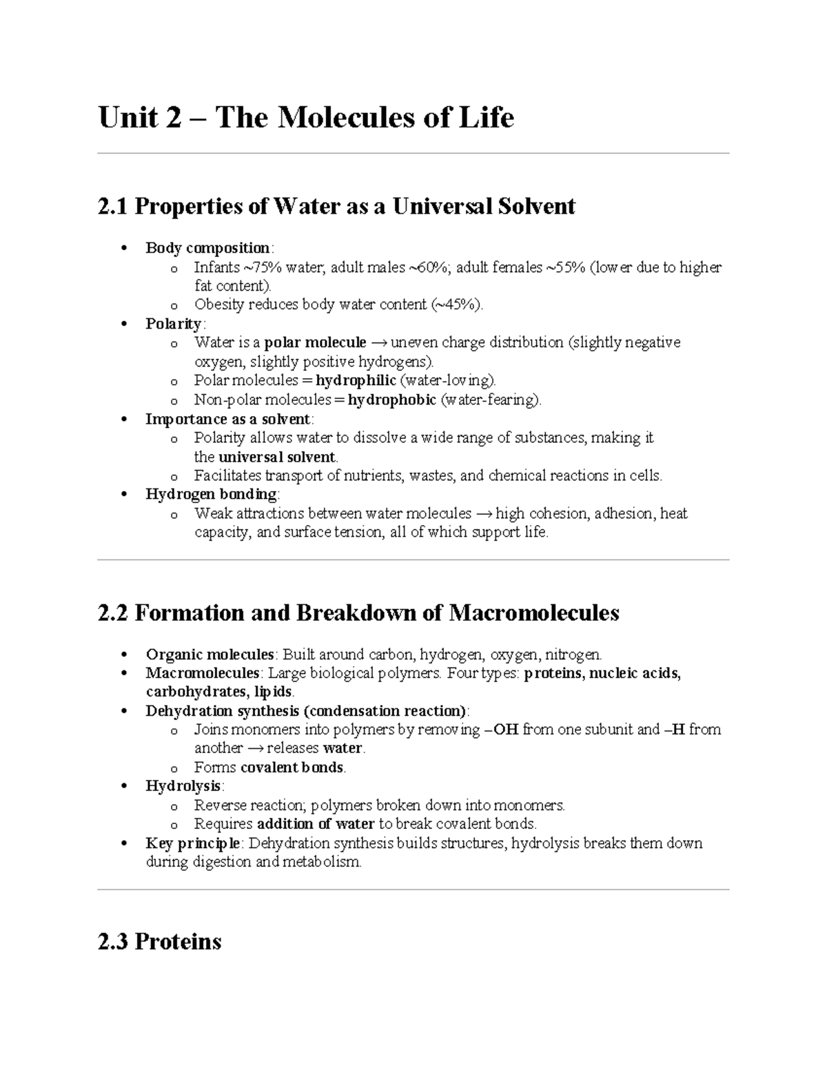 Unit 2 - The Molecules of Life: Key Concepts and Functions - Studocu