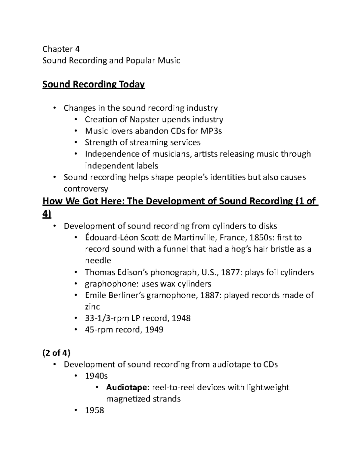 Chapter 4 Notes: Sound Recording Evolution & Impact on Music Industry ...