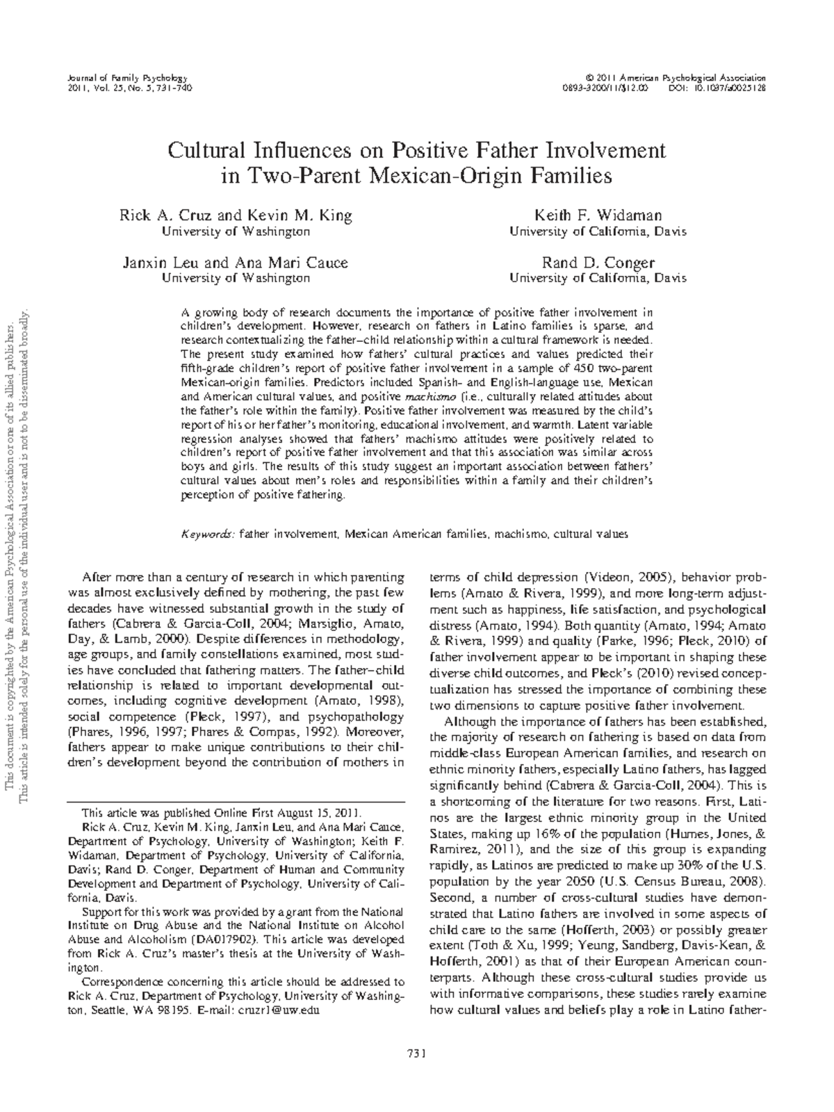 Cultural values and positive father involvement in two-parent Latino ...