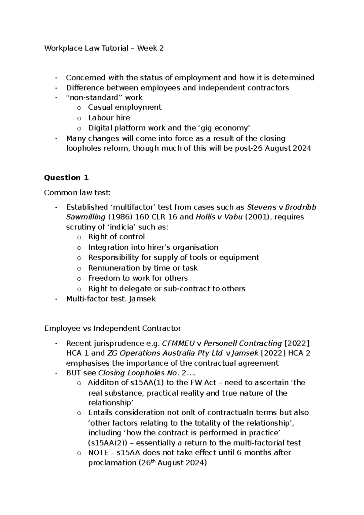 LLB246 Week 2 Tutorial - Workplace Law Tutorial – Week 2 - Concerned ...