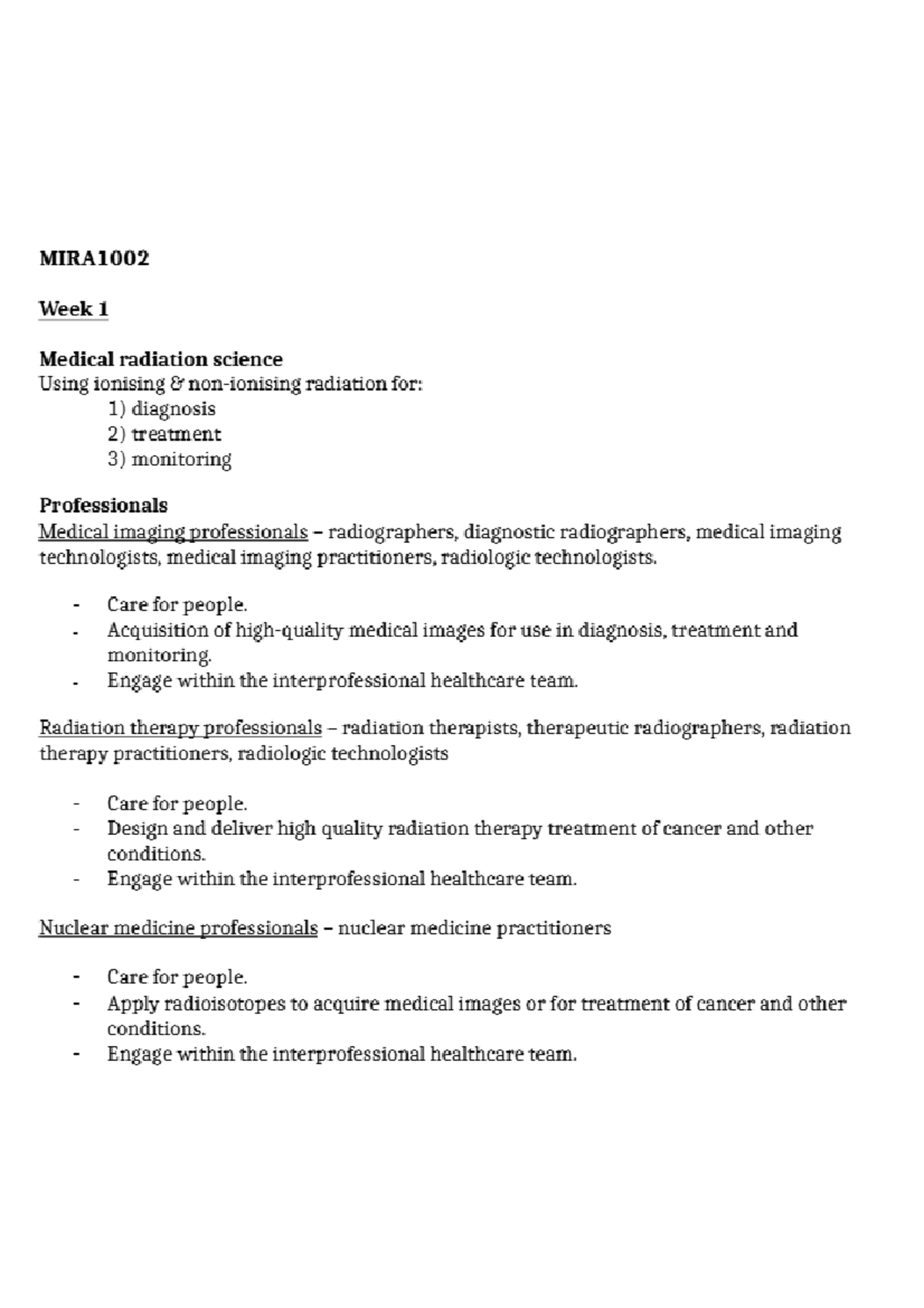 MIRA1002 Week 1 & 2 Medical Radiation Science Lecture Notes - Studocu