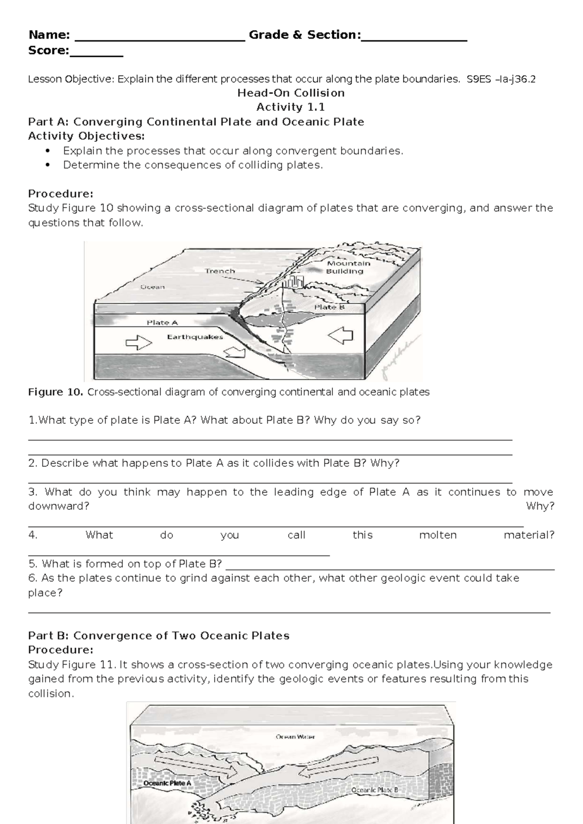 S9ES Grade Lesson: Converging Plate Boundaries Activity - Studocu