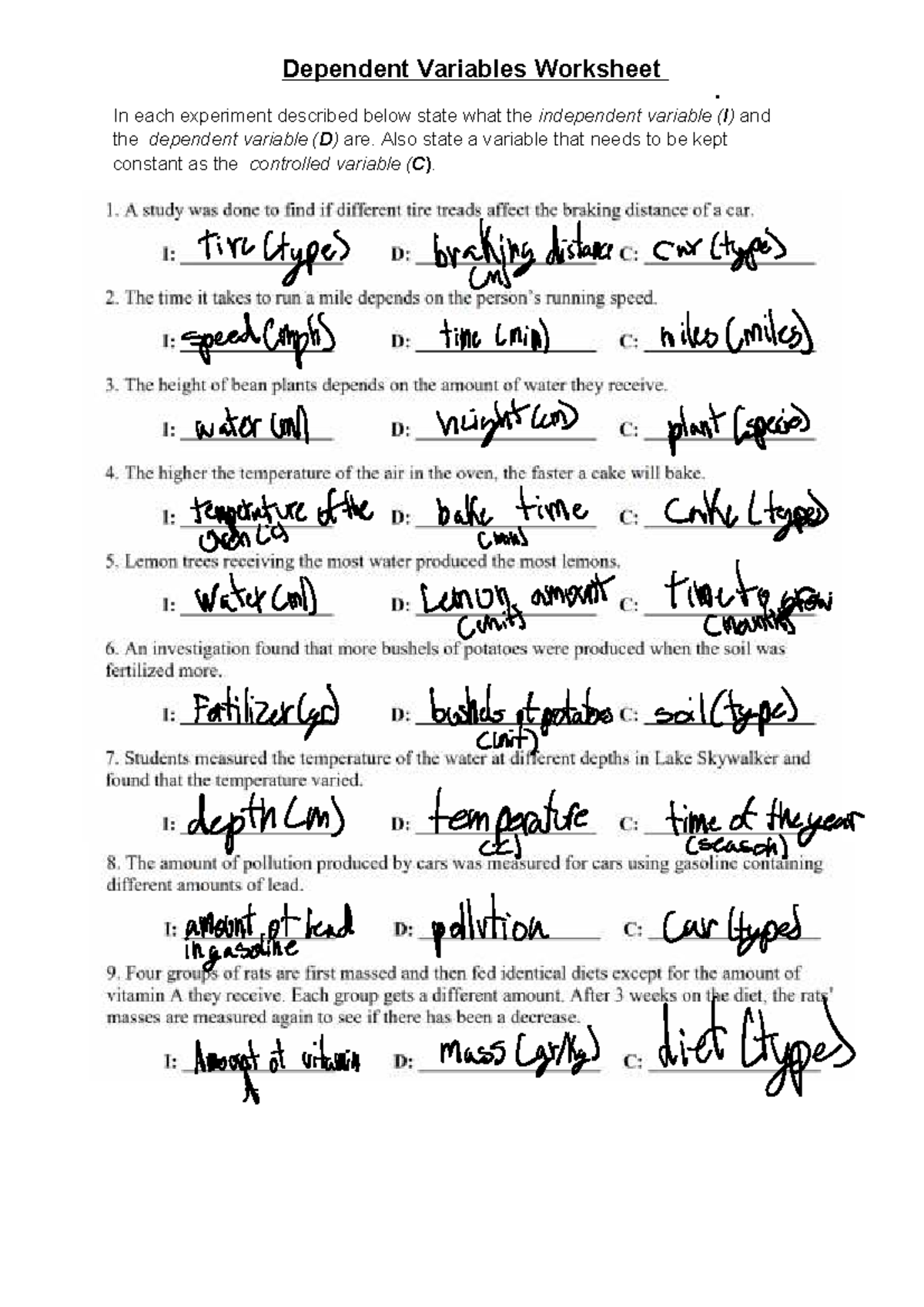 Prep for physics - Dependent Variables Worksheet In each experiment ...