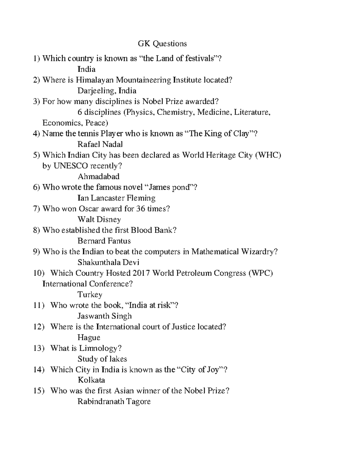 Quiz Questions for GK - 2017-18 (Hdud) - Studocu