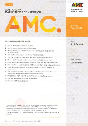 AMC 2023 - Junior Division Practice Paper for Australian Math Comp - Studocu