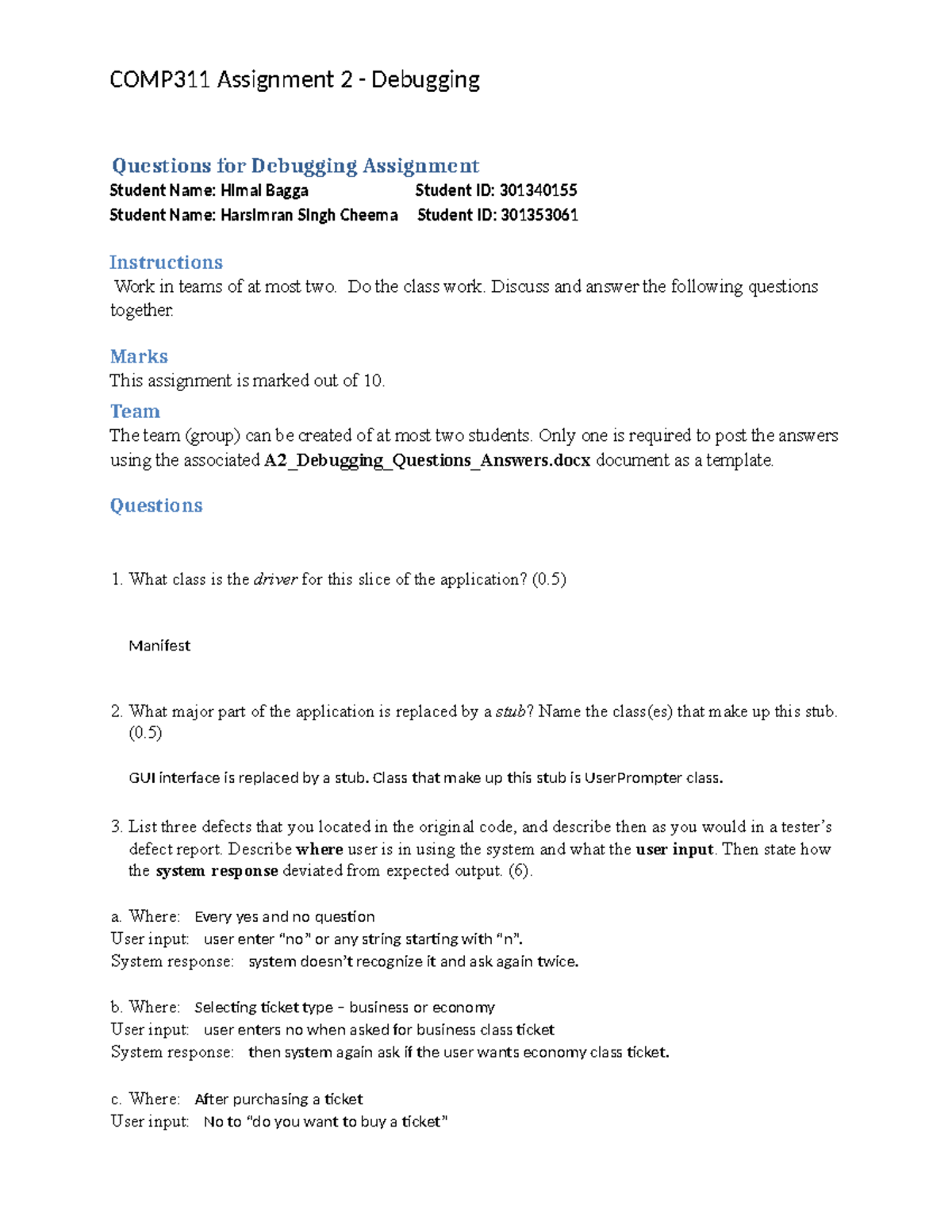 A2-Debugging Questions Answers - COMP311 Assignment 2 - Debugging ...