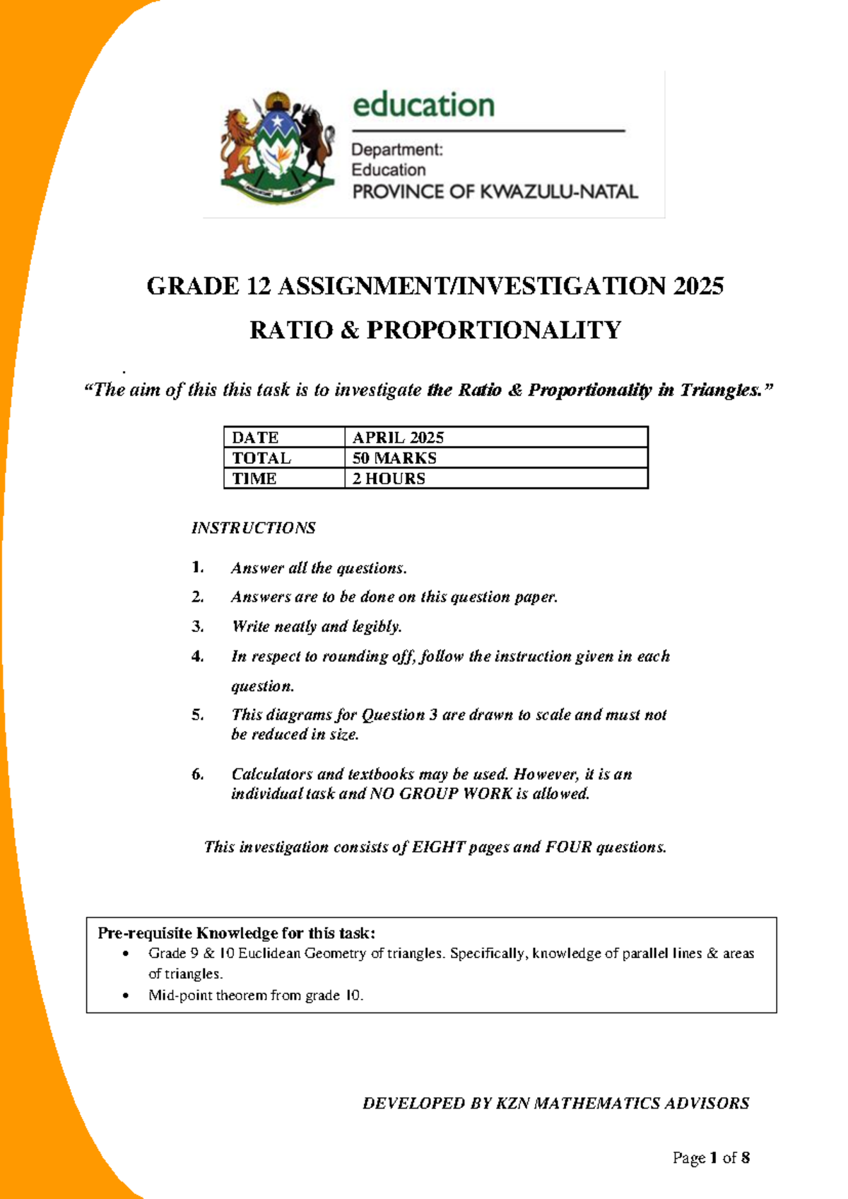 Grade 12 KZN Assignment-Investigation 2025 Ratio Proportionality 094626 ...