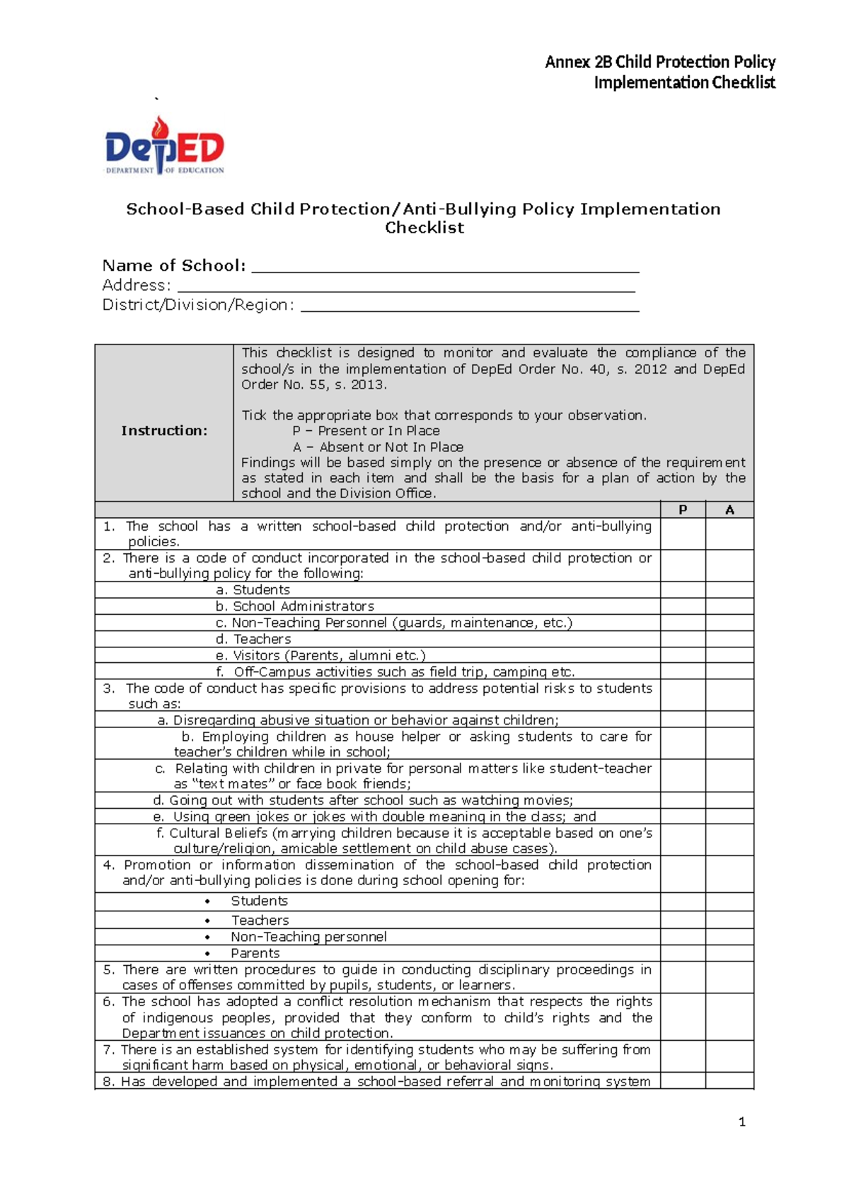 Sip Annex 2B: Child Protection Policy Implementation Checklist - Studocu