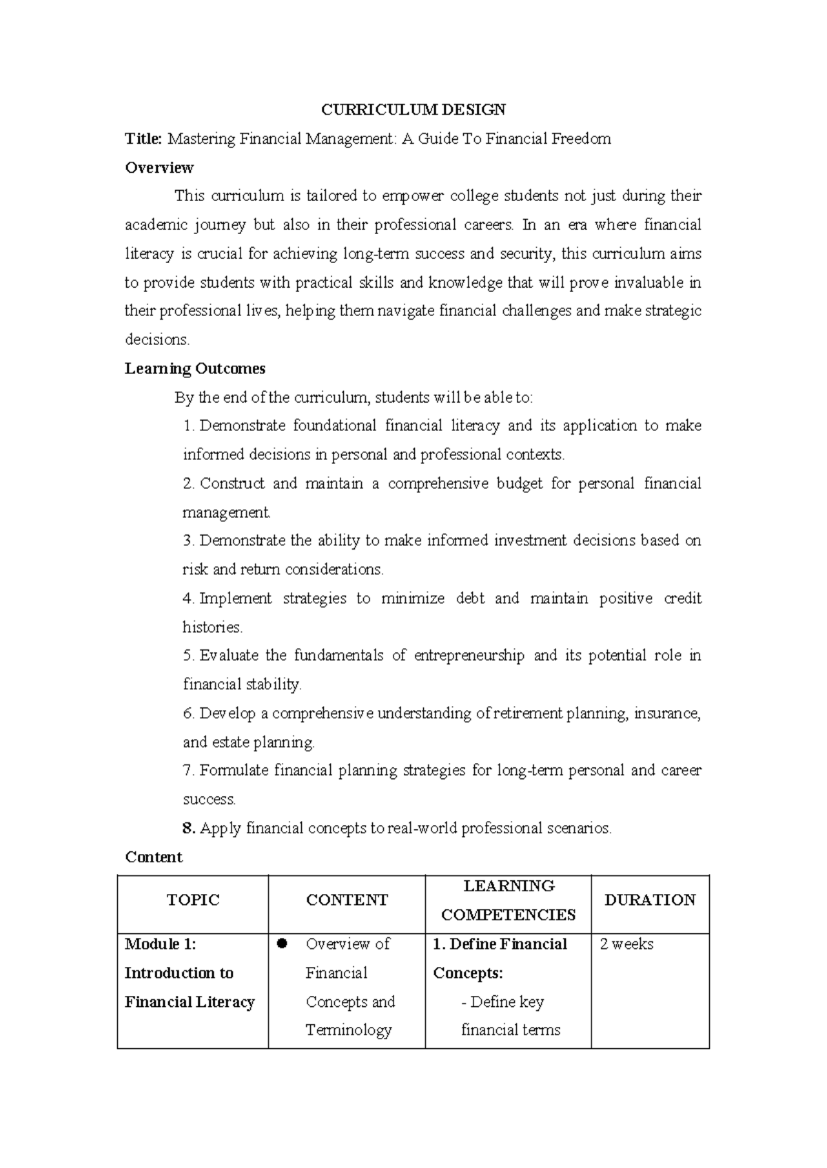 Curriculum Design for FM301: Financial Literacy & Management Essentials ...