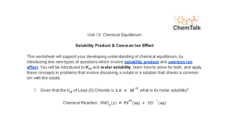 Unit 13: Chemical Equilibrium - Solubility Product & Common Ion Effect ...