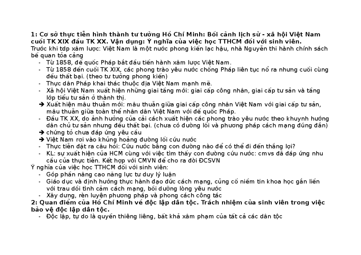 Đề cương Tthcm - Le Ngoc Huong - 20224315 - 1: Cơ sở thực tiễn hình thành tư tưởng Hồ Chí Minh ...