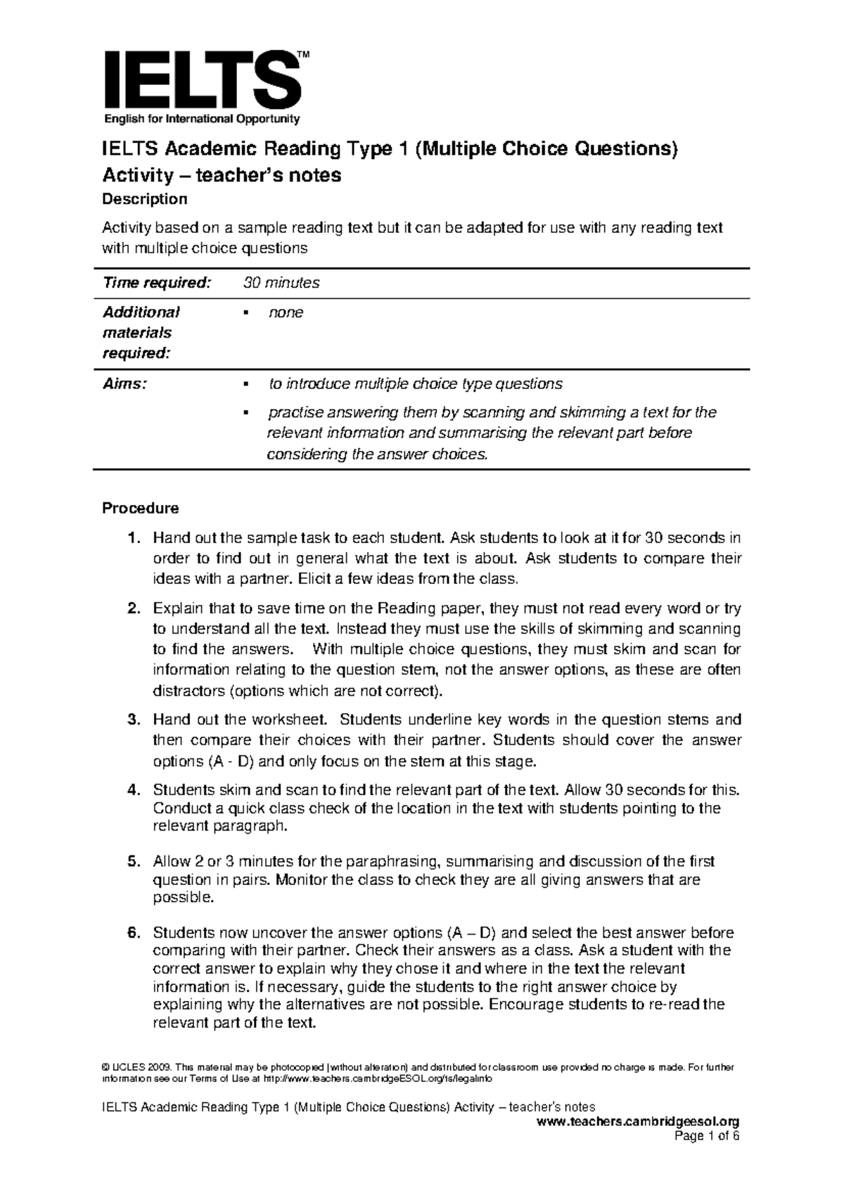 IELTS Academic Reading Task 1: Multiple Choice Questions Activity Notes ...