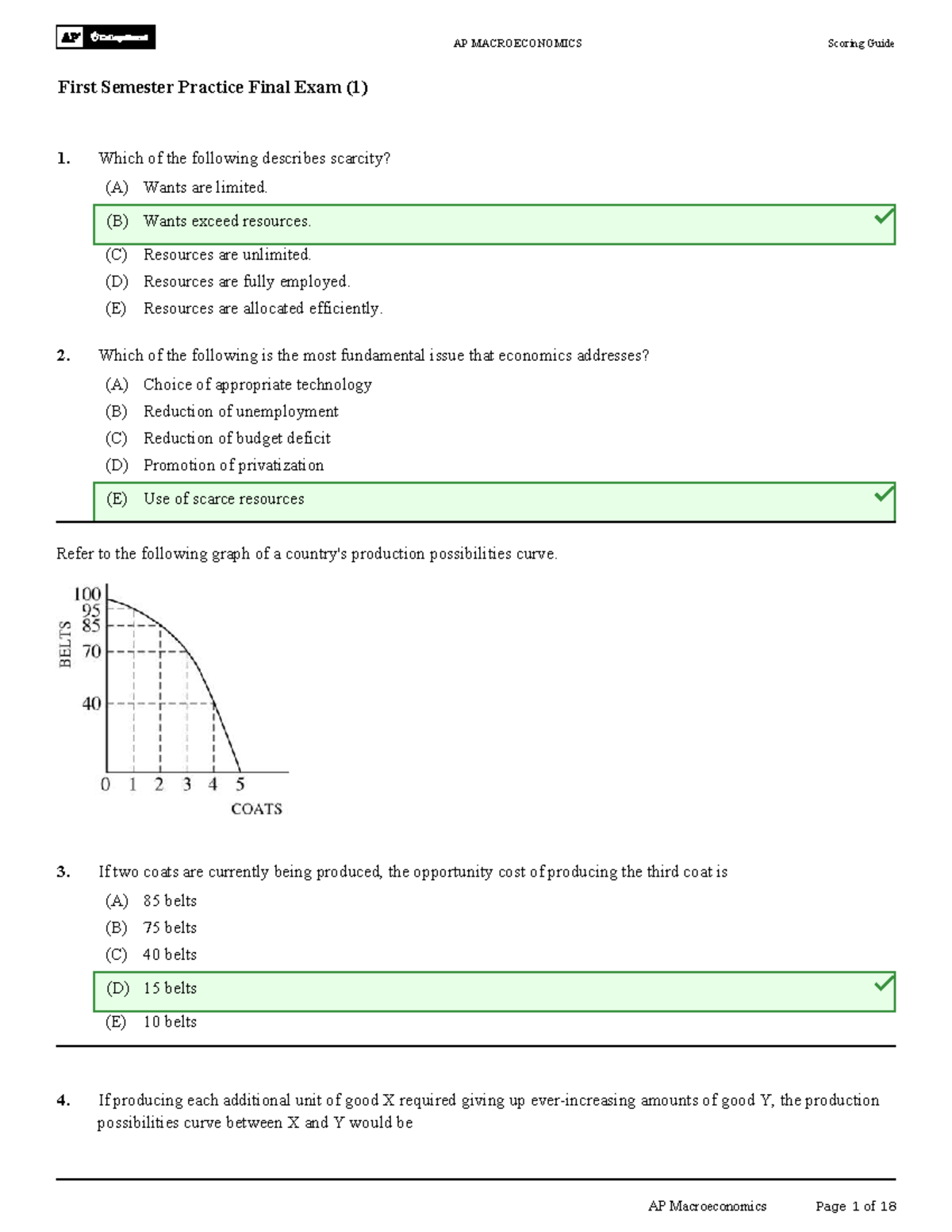 AP MACROECONOMICS First Semester Practice Final Exam Scoring Guide ...