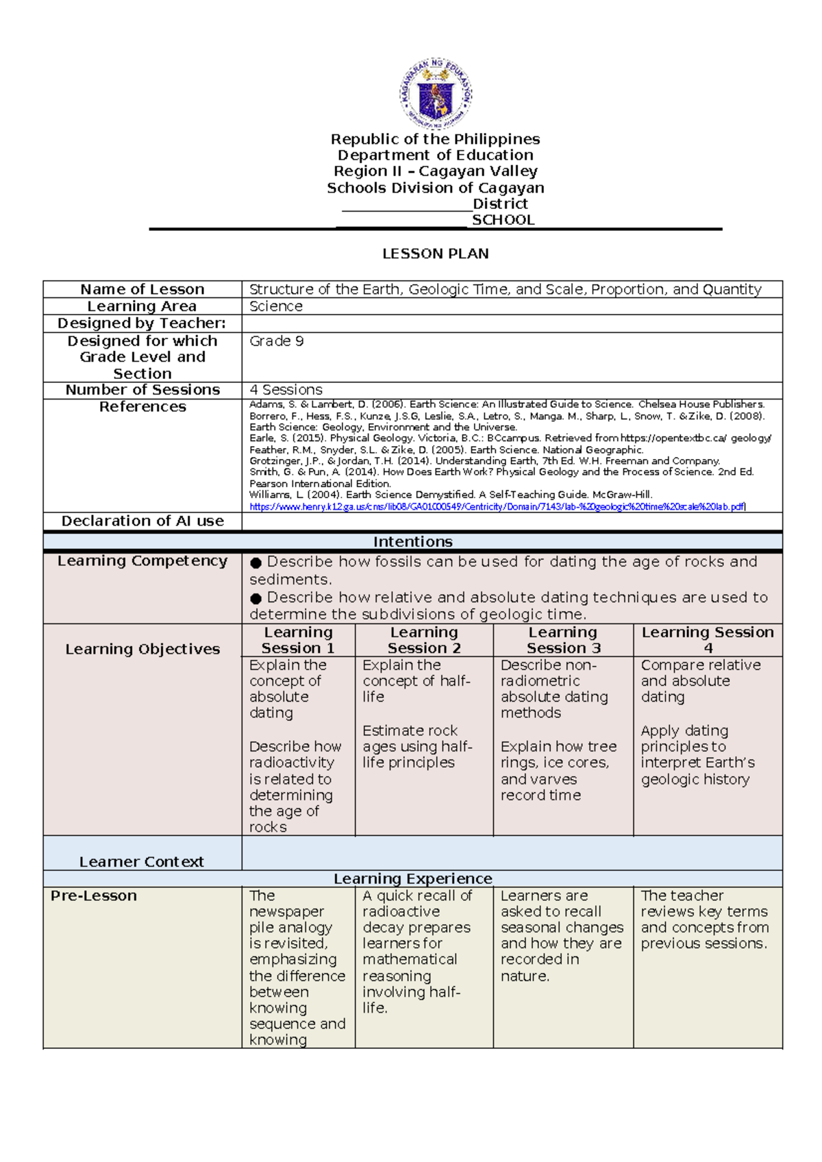 Science 10 Lesson Plan: Structure of the Earth & Geologic Time - Studocu